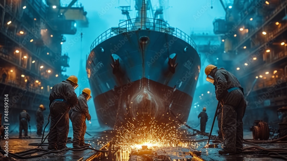 Workers inspecting and repairing large ship at ship repair yard Stock ...