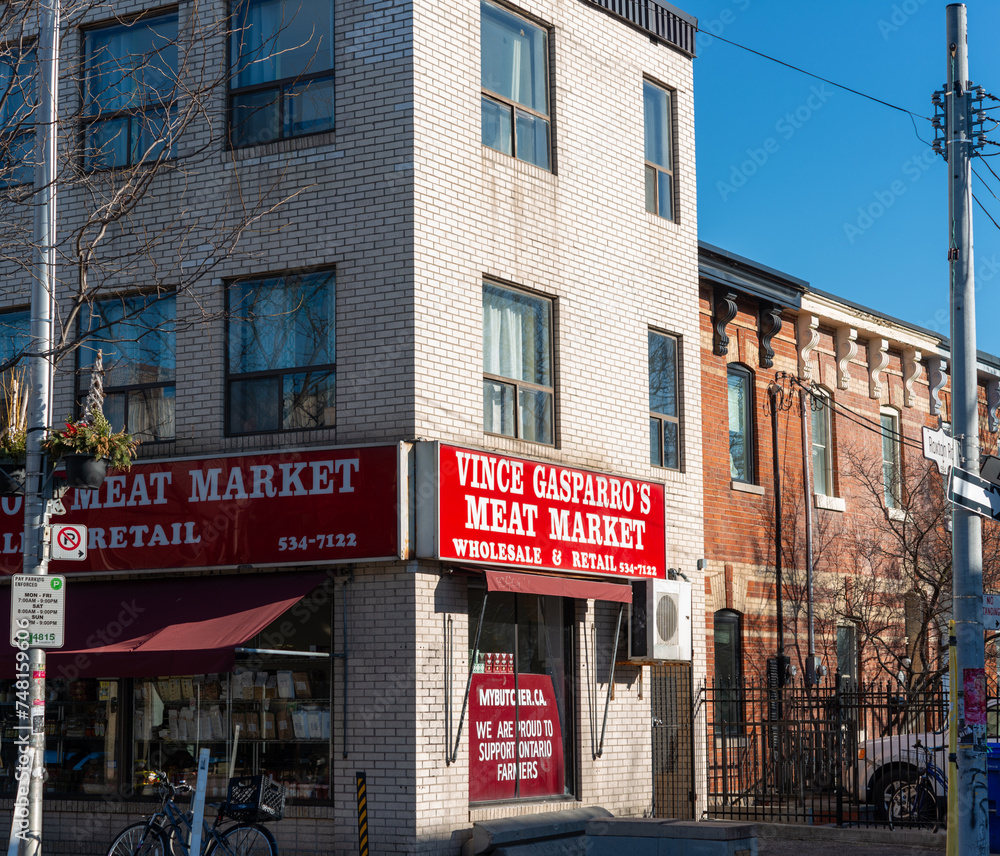 exterior building facade shop window and sign of Vince Gasparro's Meat ...