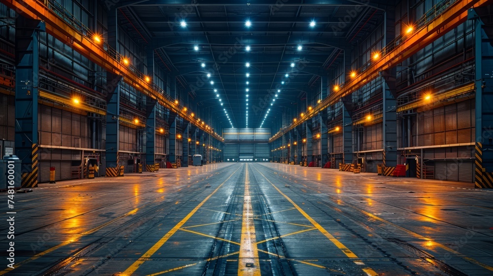 Enter a sprawling industrial warehouse showcasing finalized goods ...