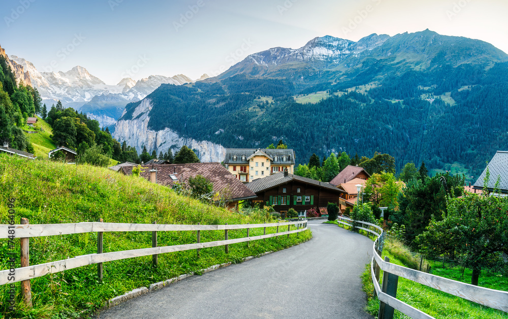Scenery of Wengen mountain village with Lauterbrunnen valley and ...