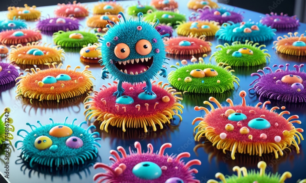 Colorful microbes with various expressions party on a reflective ...