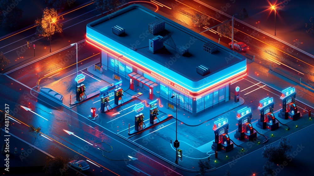 an isometric 3D Smart Gas Station building with a focus on innovative ...