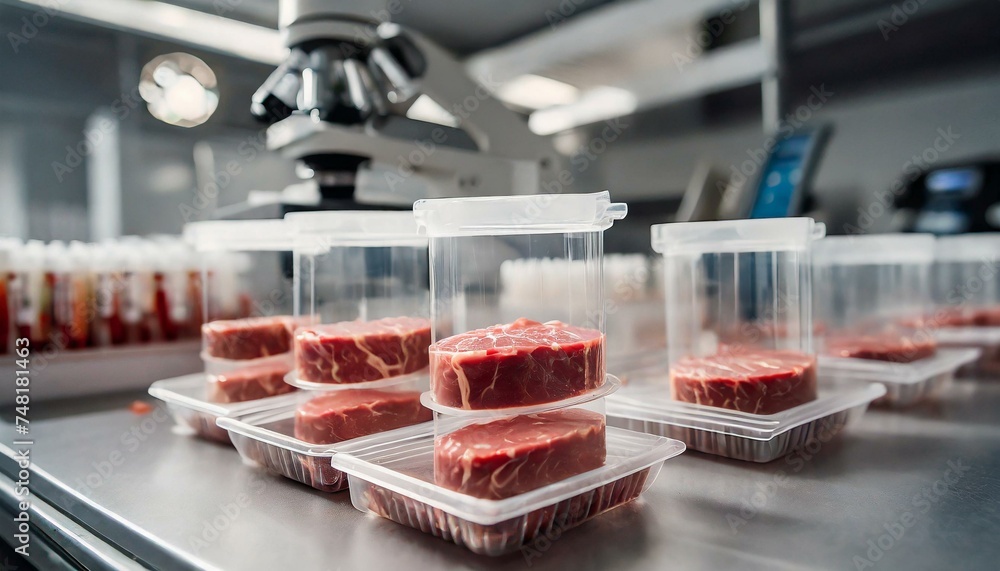lab-grown meat samples, packaged and market-ready, created in modern ...