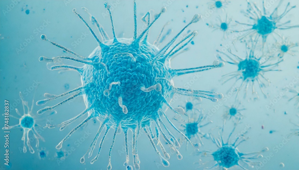 Light blue background with microbes under the microscope Stock Photo ...