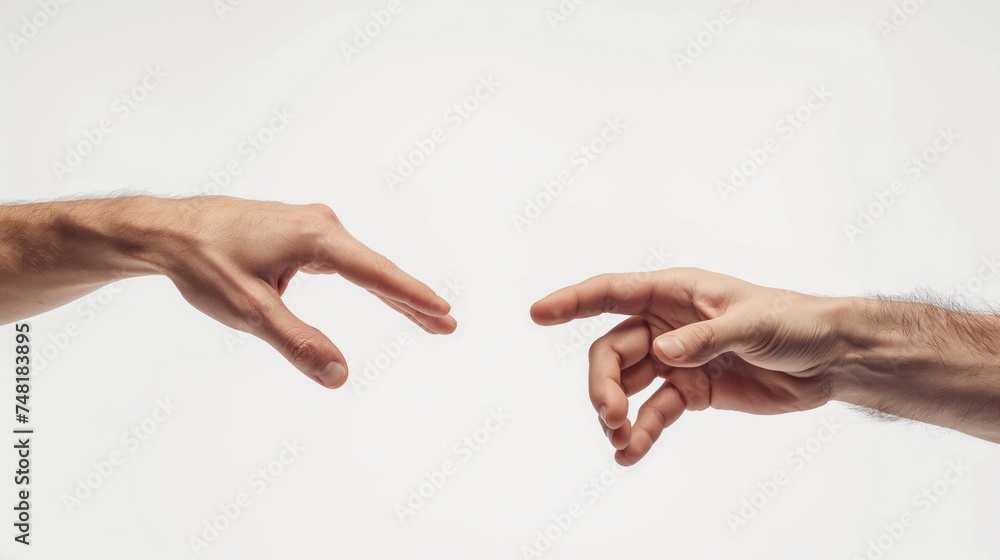 Moment of weightless. Two male hands trying to touch like a creation of ...