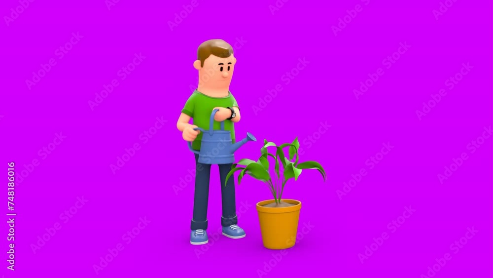 3D Cartoon Character Man Watering a Potted Plant With the Help of a ...