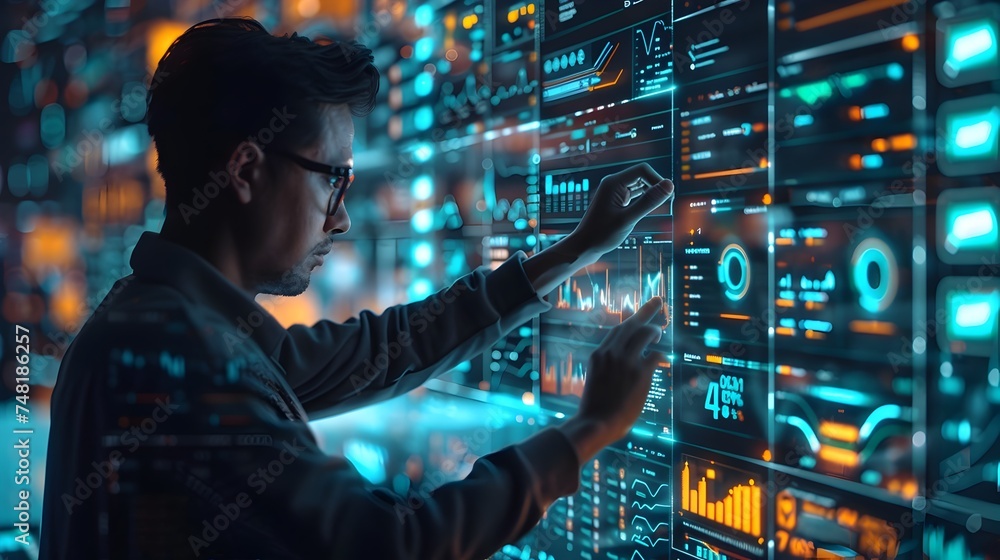 Tech-Savvy Man Analyzing Data with Digital Indicators Stock Photo ...