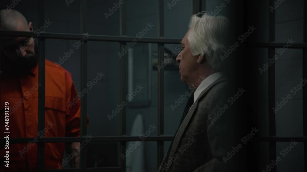 Inmate in orange uniform stands behind bars in prison cell, talks with ...