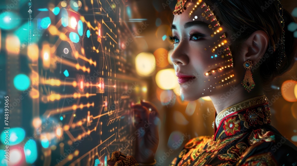Traditional Cultural Attire Woman Confronting AI with Technological ...
