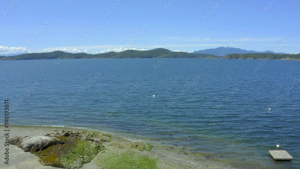 Establishing aerial shot of ocean beach with trees and rocks in slow ...