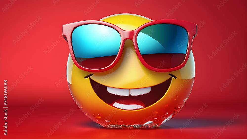 smiley face. a summer emoji on a red background. cool glass cartoon ...