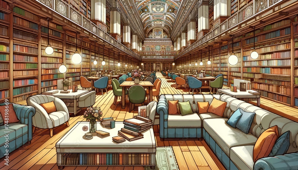 Vector illustration of a classic library interior with detailed ...