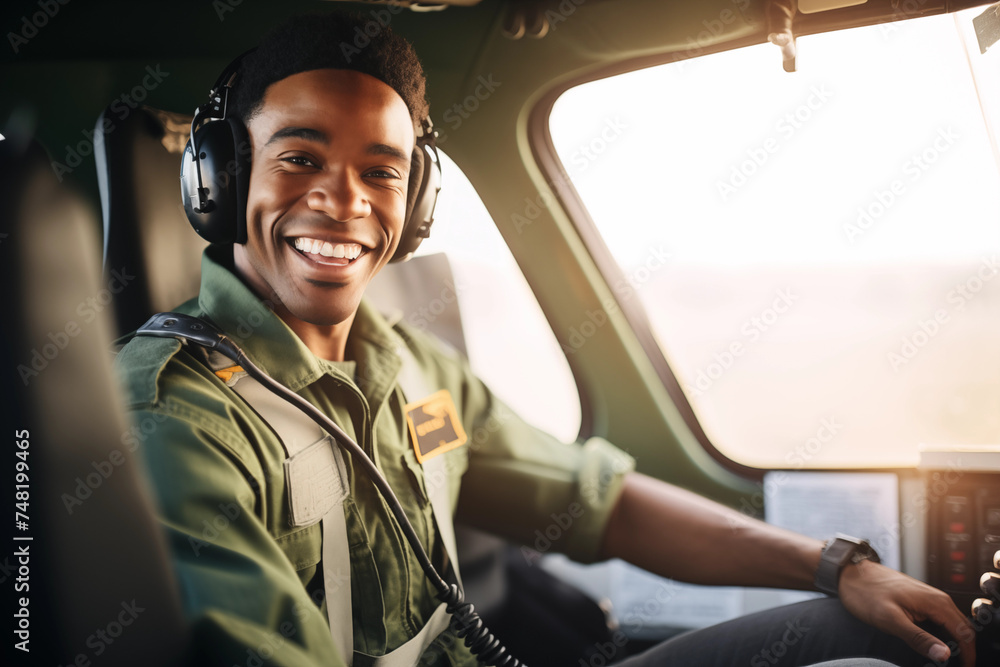 Radiating joy, a young African American male helicopter pilot with ...