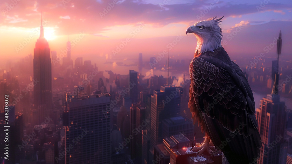 Giant eagle perched atop a skyscraper overlooking a bustling ...