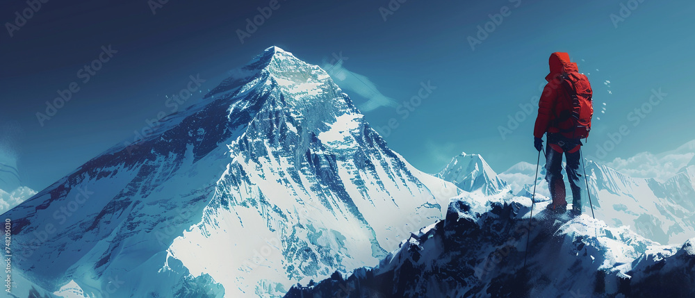 Digital painting of a climber facing the mega Everest concept art style ...