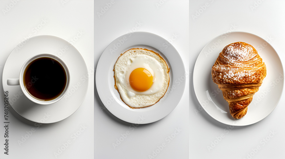 Collage set of different types of breakfasts: coffee cup, fried eggs ...