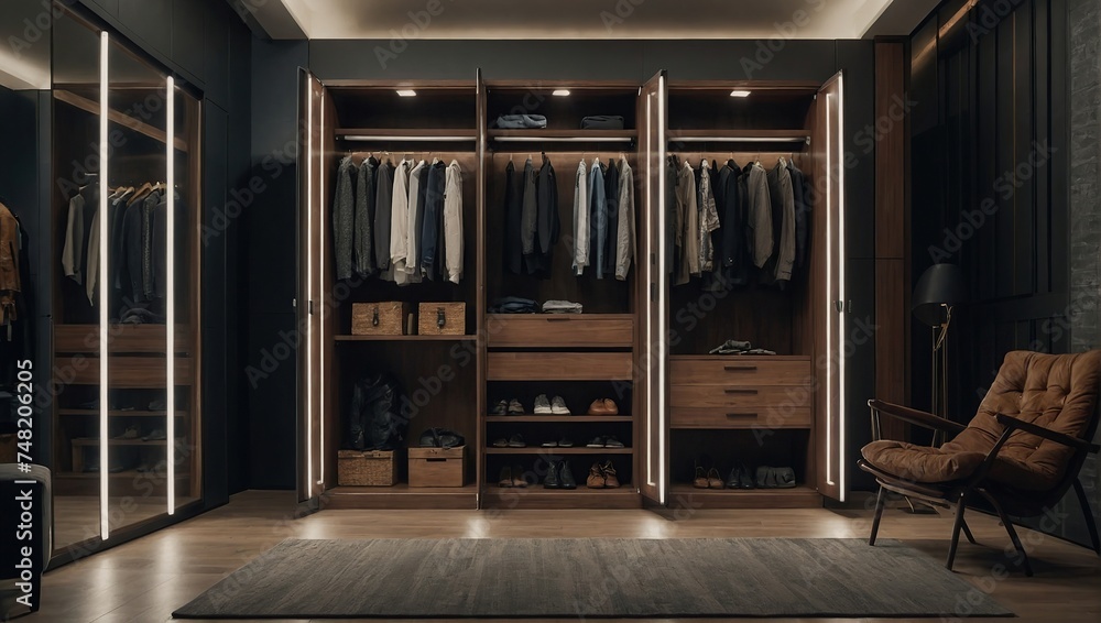 There are shelves, rods, and drawers in this contemporary, minimalist ...