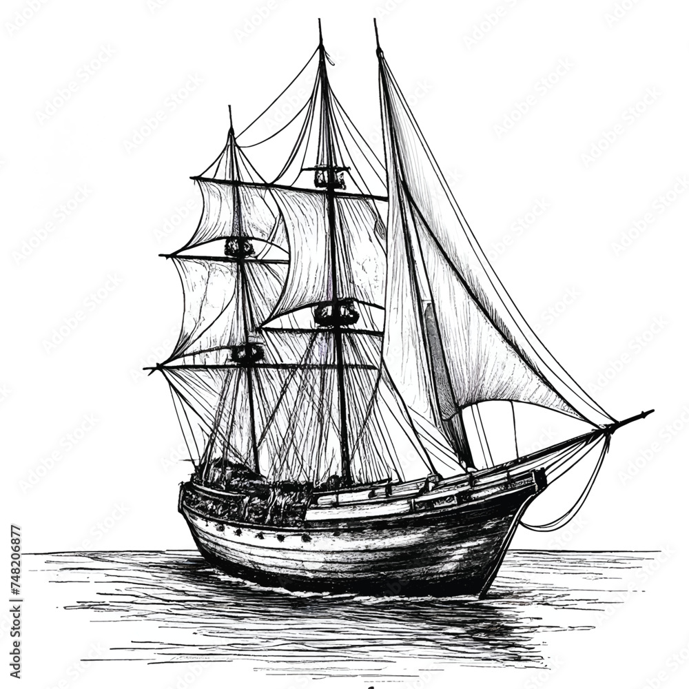 Ship engraved style ink sketch drawing, black and white vector ...