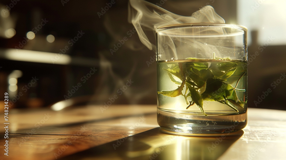 A clear glass of steaming green tea, the leaves unfurling in the hot ...