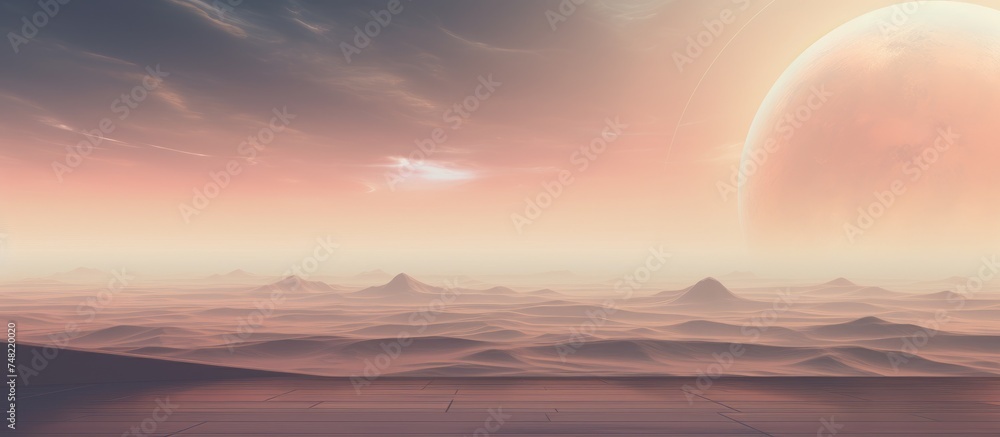 A painting depicting a distant planet suspended in the vast empty space ...