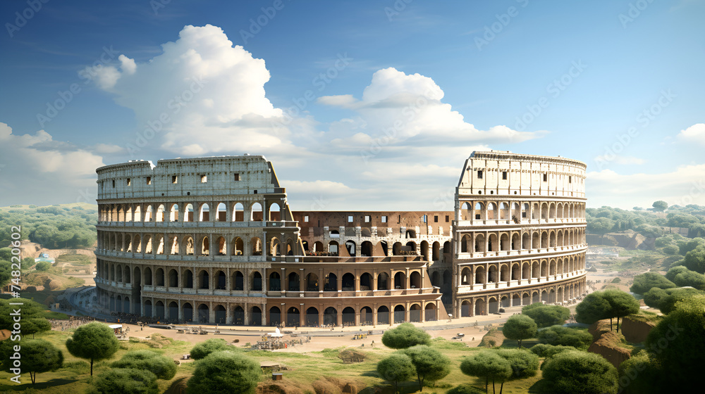 A majestic view of the Coliseum, also known as the Flavian Amphitheatre ...
