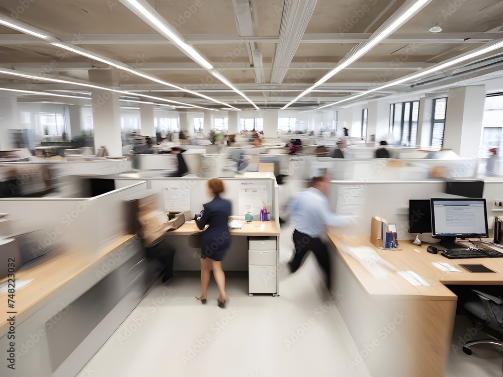 A bustling office scene, with people moving swiftly past their desks ...