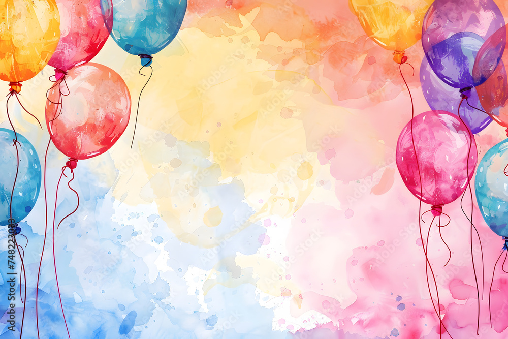 Cute cartoon colorful balloons frame border on background in watercolor ...