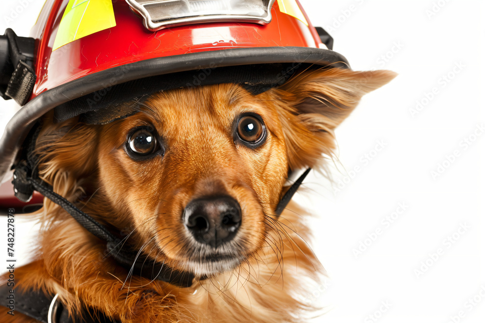 Dog in firefighter helmet isolated on white background. Fire department ...
