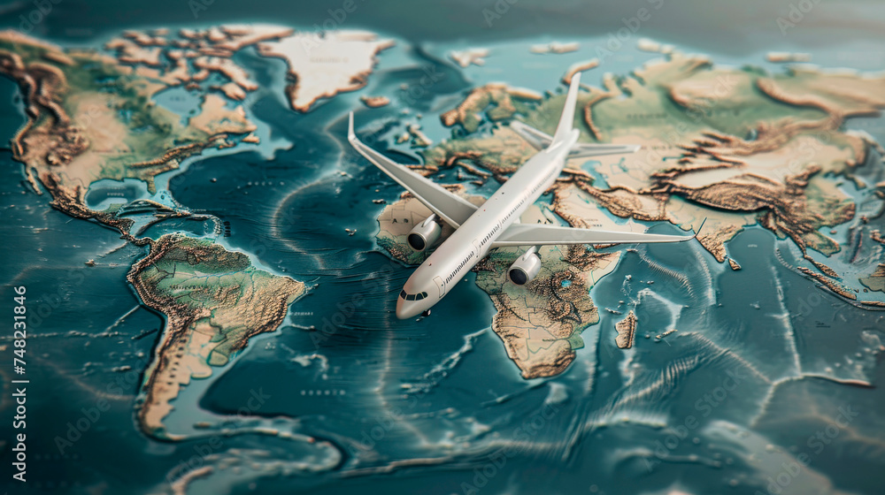 Commercial airplane flying over a 3D map. International flight concept ...