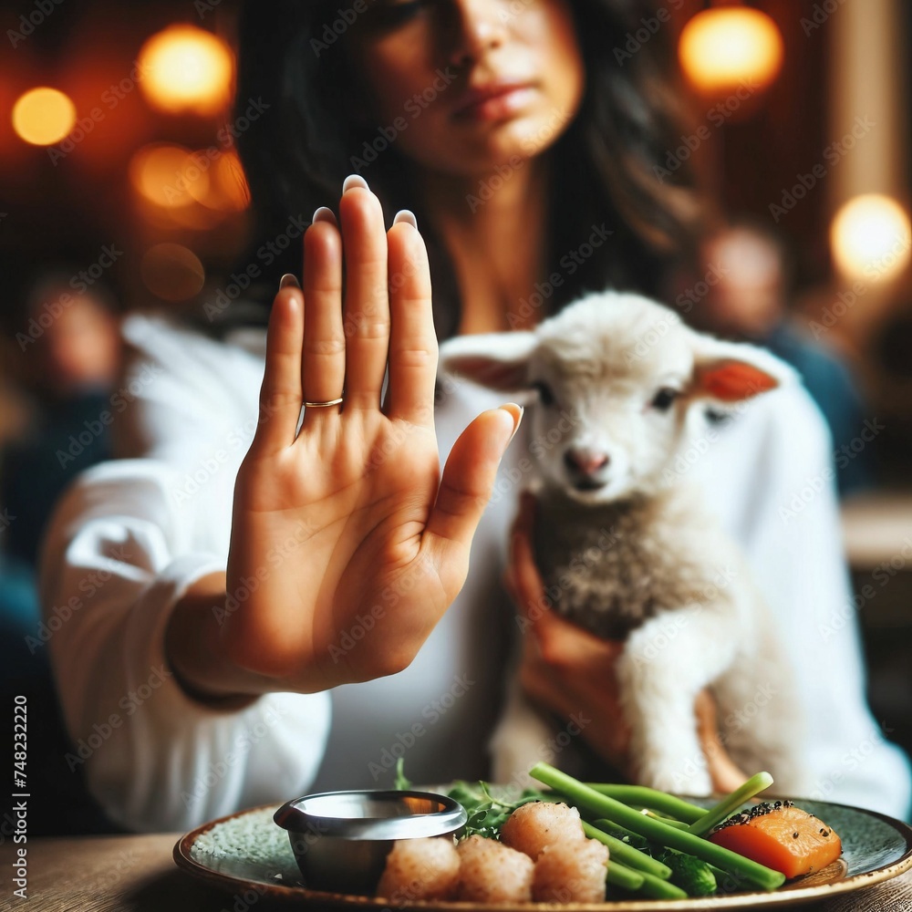 Woman gestures no to a meat dish. She is a vegan vegetarian who cares ...