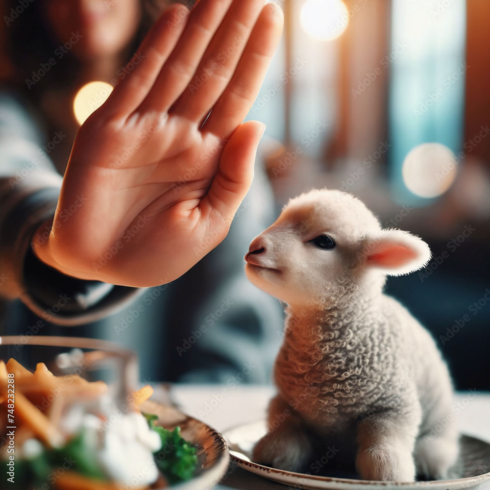 Woman gestures no to a meat dish. She is a vegan vegetarian who cares ...
