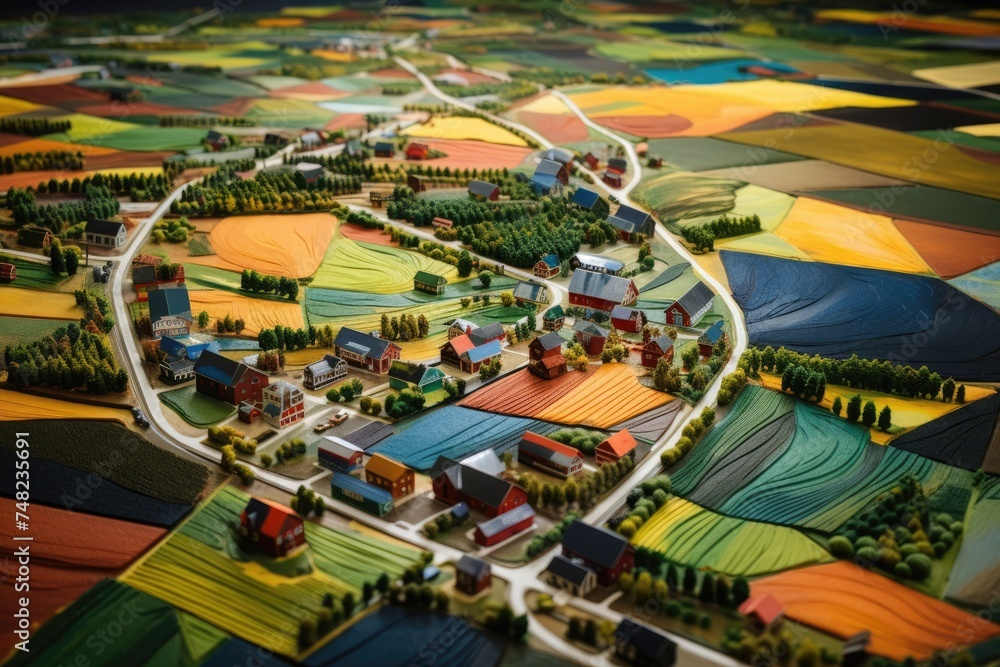 A tilt shift photo that artfully transforms an aerial view of farms ...