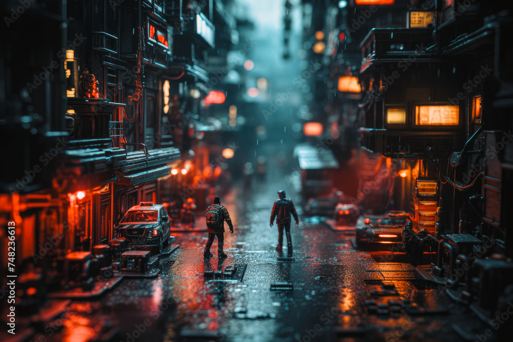 A tilt shift revealing the vibrant yet gritty life of night city slums ...