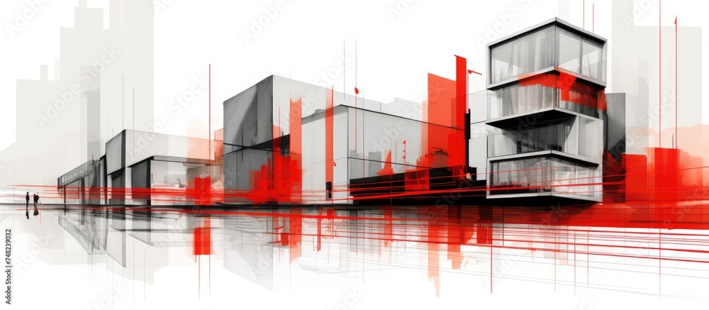 This drawing features a collection of modern buildings outlined in ...