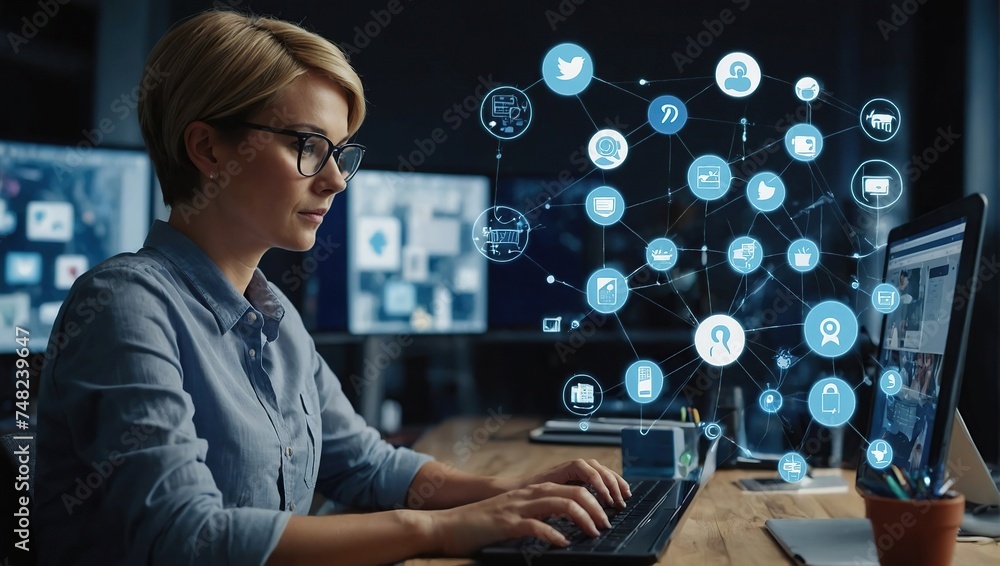 Beautiful Short Haired Project Manager Working on Computer in Office ...