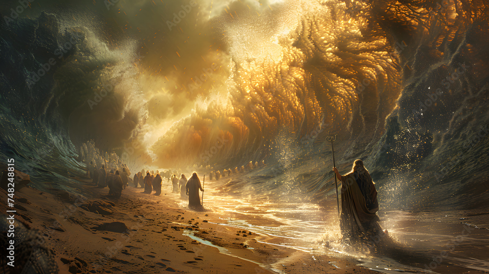 epic scene showing Moses parting the Red Sea, with Israelites crossing ...
