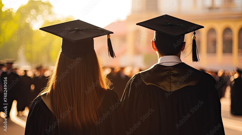 Two people in graduation caps and gowns stand with their backs to the ...
