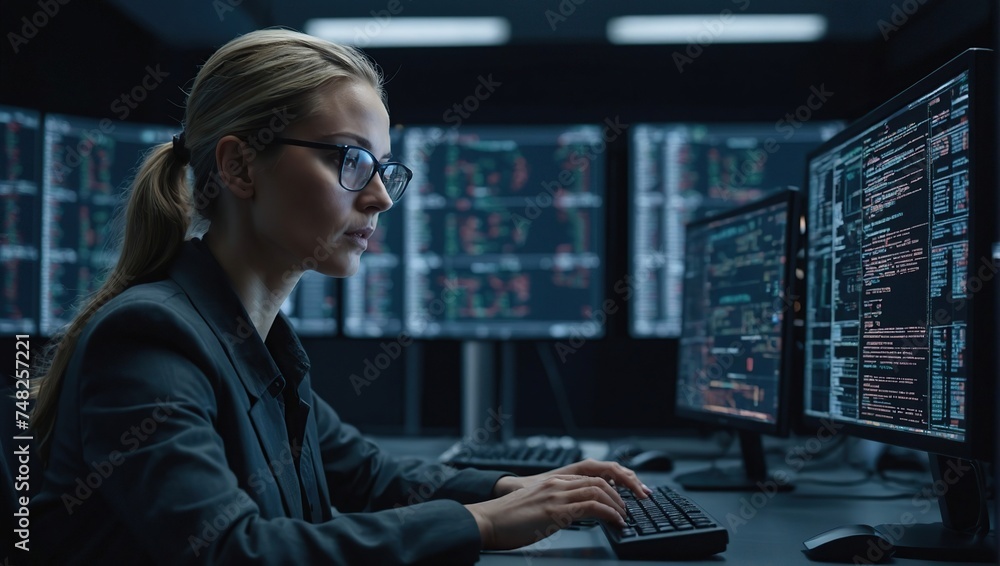 A female Working on Computer, Typing Lines of Code that Appear on Big ...