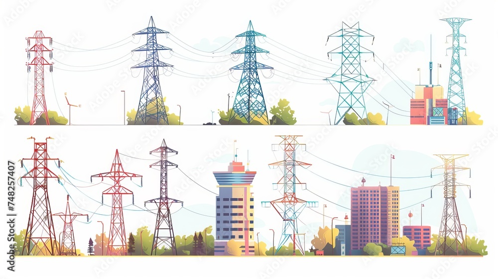 Set of high voltage electrical towers. Color flat vector illustration ...