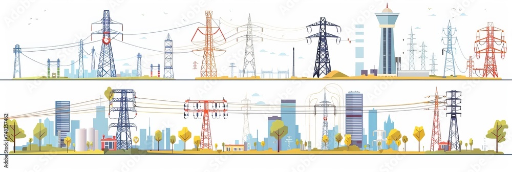 Set of high voltage electrical towers. Color flat vector illustration ...