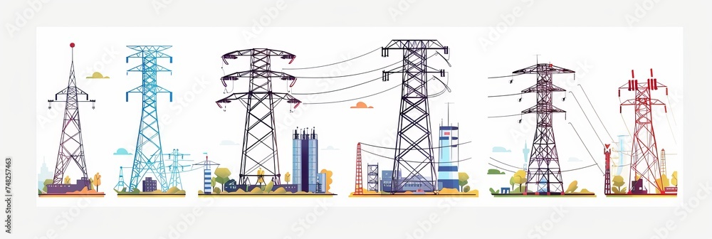 Set of high voltage electrical towers. Color flat vector illustration ...