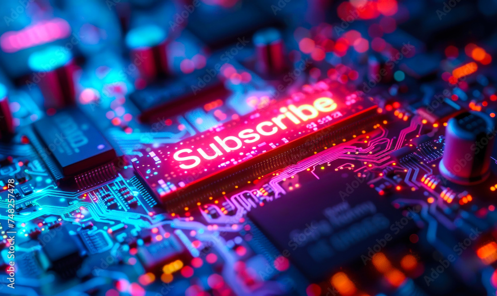 Poster, Foto Illuminated Subscribe button on a vibrant circuit board ...