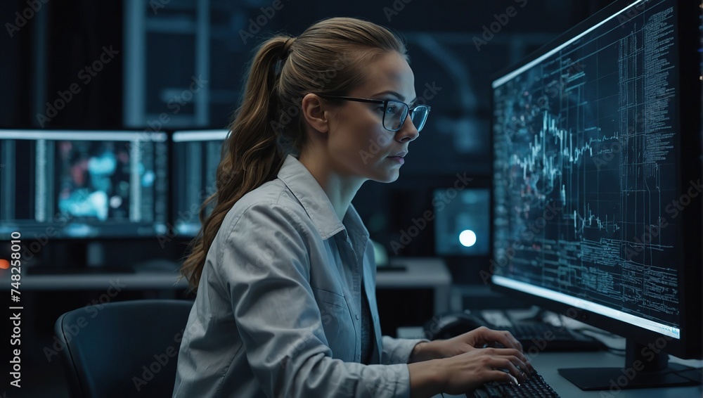 A female Working on Computer, Typing Lines of Code that Appear on Big ...
