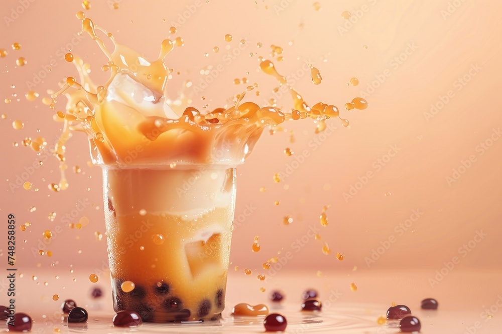 brown sugar boba tea splash Thai bubble tea with tapioca pearls Stock ...