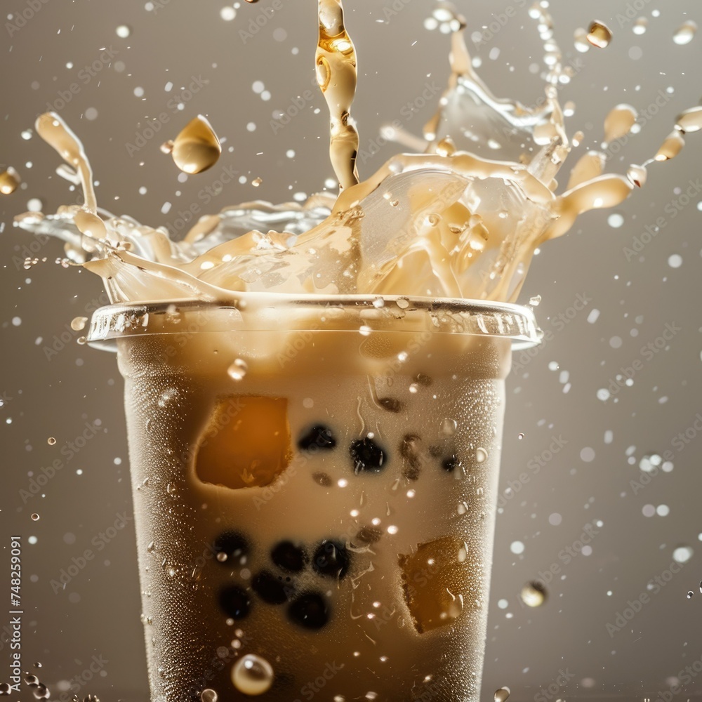 brown sugar boba tea splash Thai bubble tea with tapioca pearls Stock ...