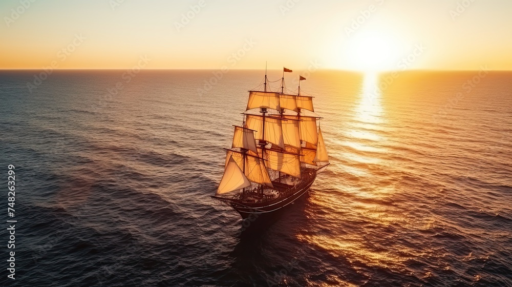 Small sailing ship in the open sea at sunset. Navigation in the 17th ...