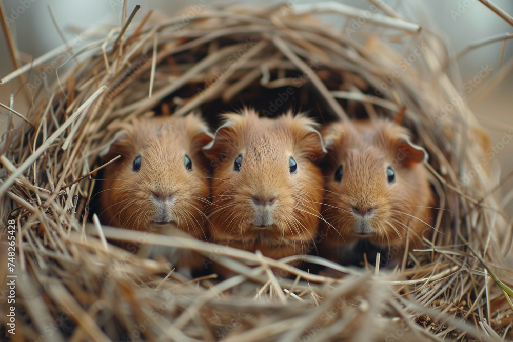Cozy trio of guinea pigs nestled in a miniature hay fort, showcasing ...