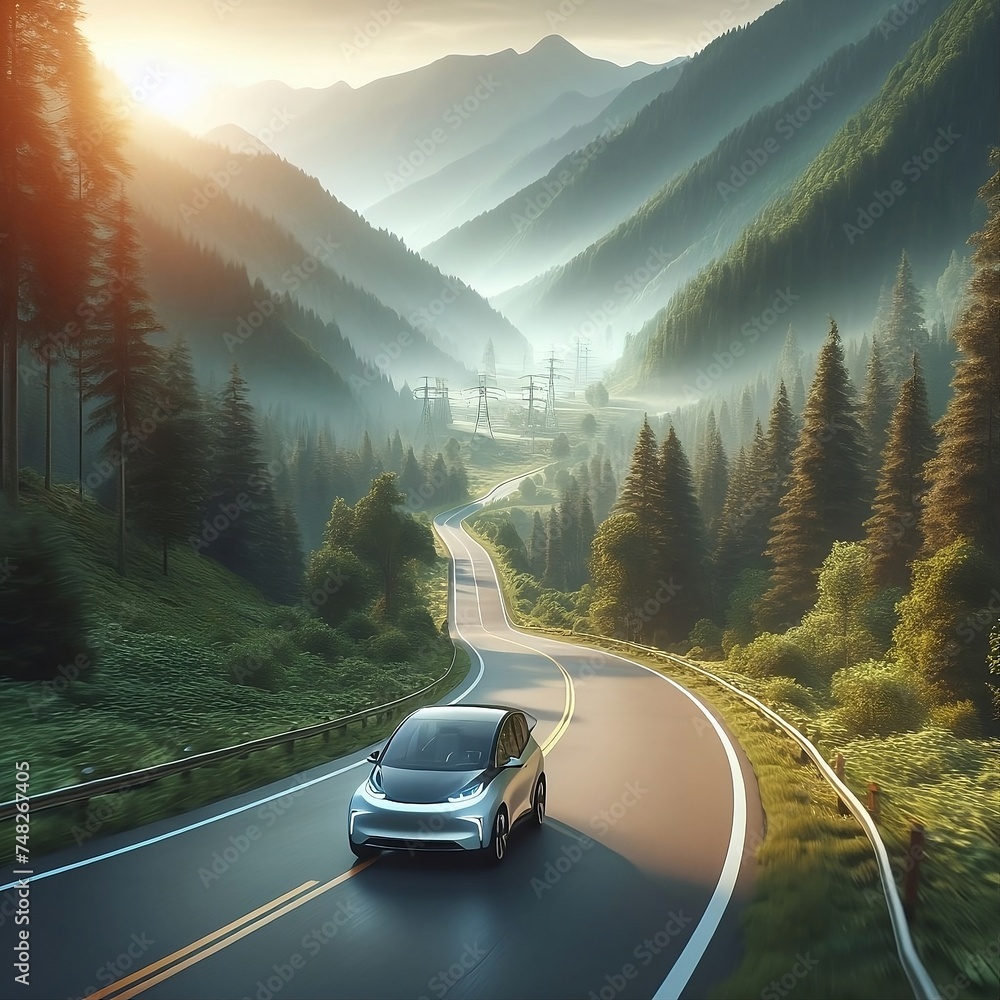 EV (Electric Vehicle) electric car is driving on a winding road that ...