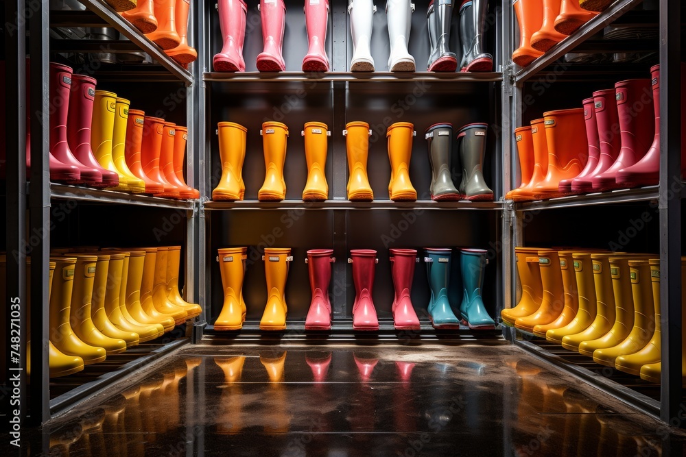 An Array of Brightly Colored Rubber Boots Positioned in a Busy ...