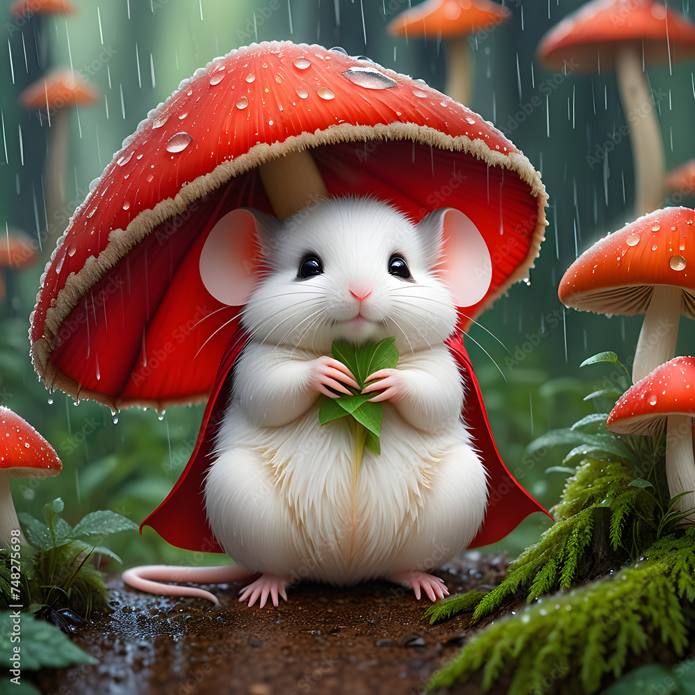 In the midst of the rainy forest, a tiny cartoon mouse finds shelter ...